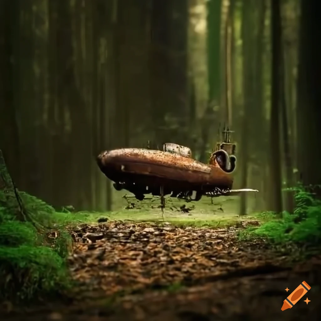 Rusty submarine with robotic legs in a forest on Craiyon