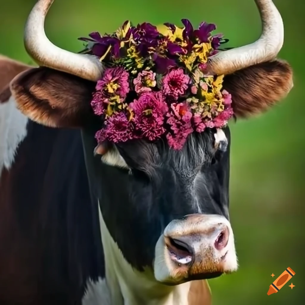 Cow with flower crown and stoic expression