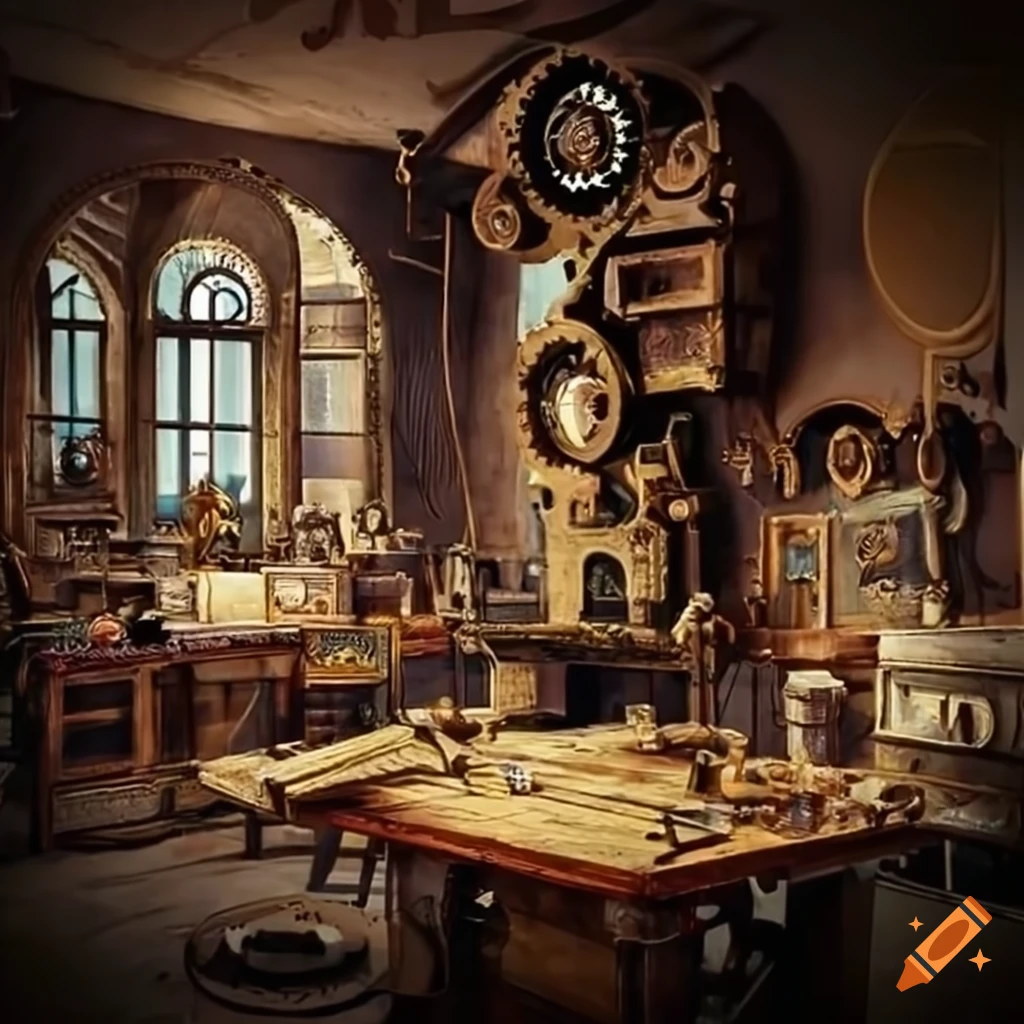 Detailed steampunk clockwork mechanisms in a workshop on Craiyon