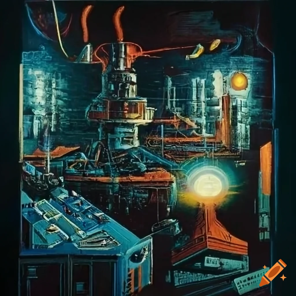 70s sci-fi art of a mining-company space station
