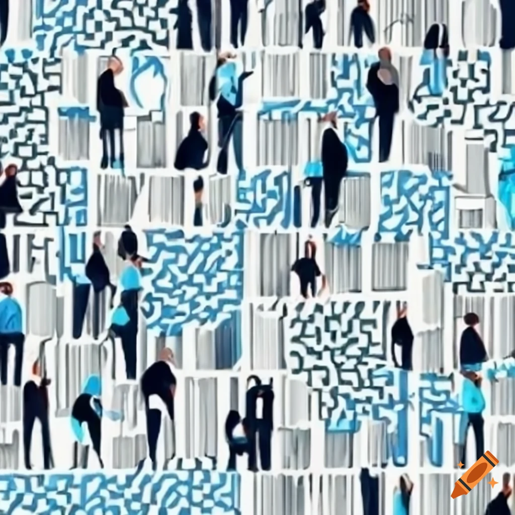 Mosaic painting of a crowd in a maze