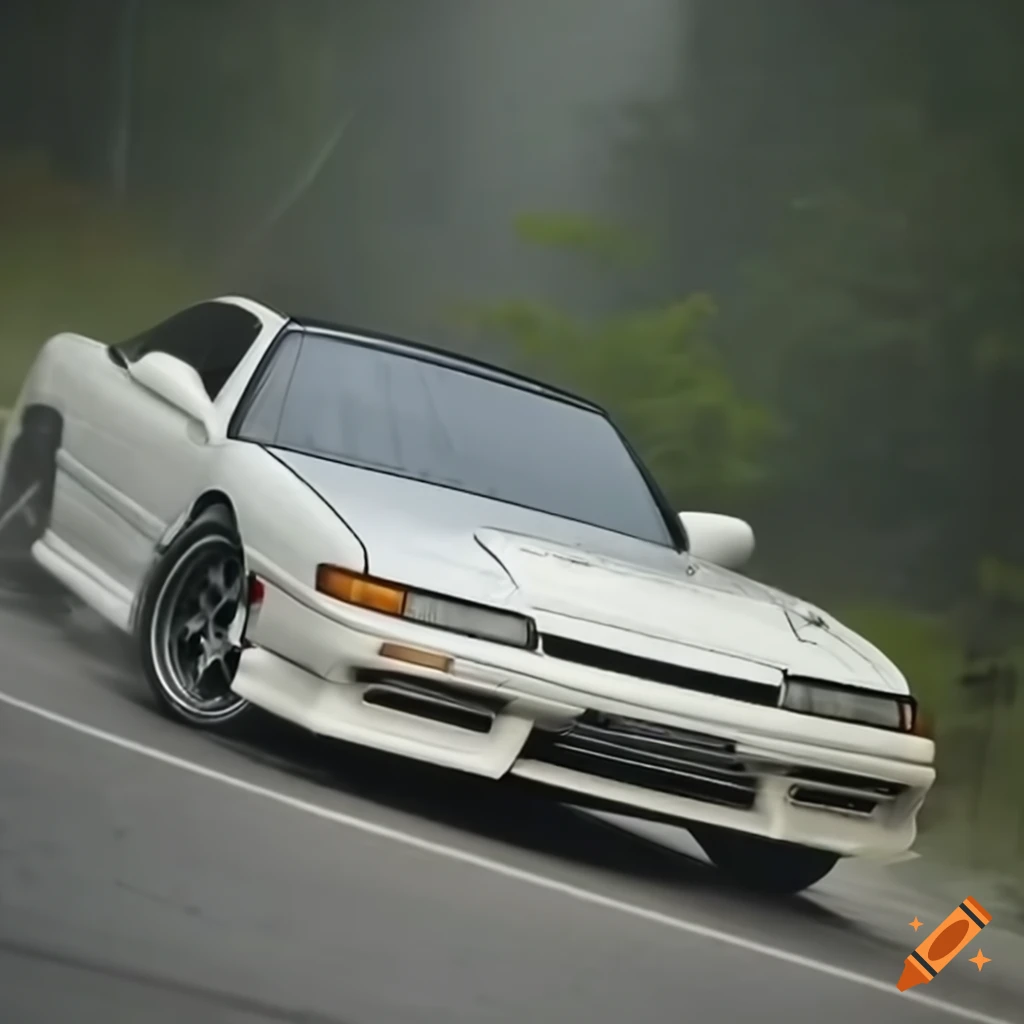 White Nissan Silvia S13 drifting on a mountain road on Craiyon