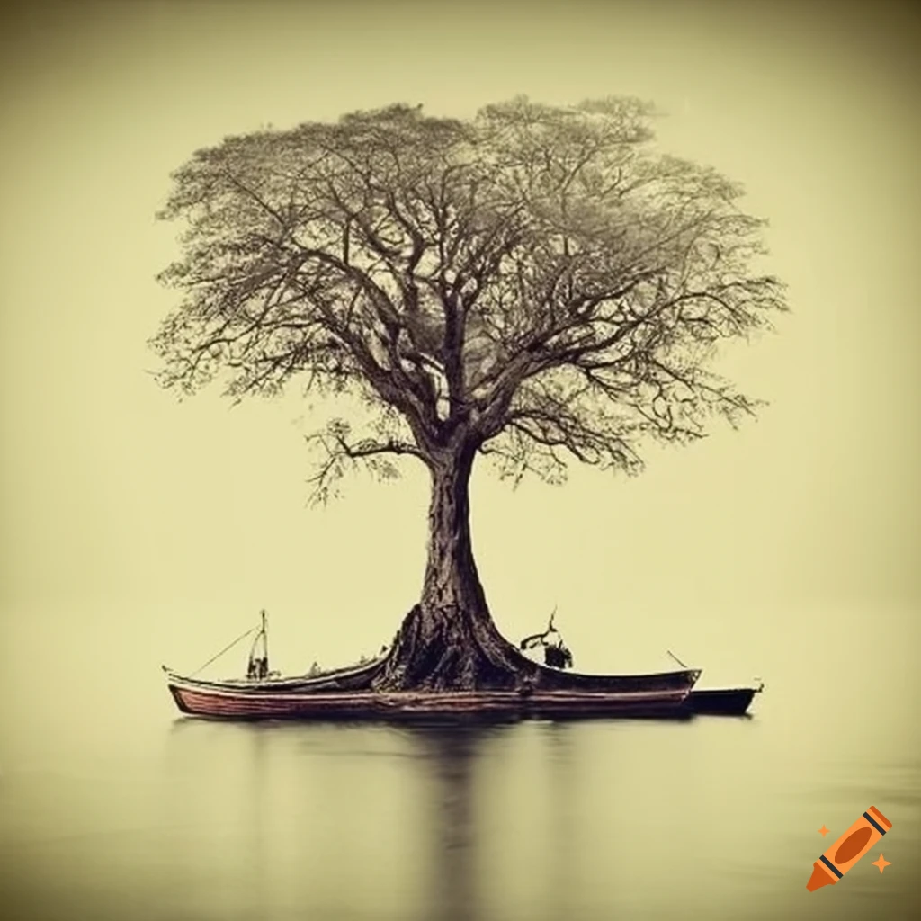 Vintage image of a tree in a boat on Craiyon