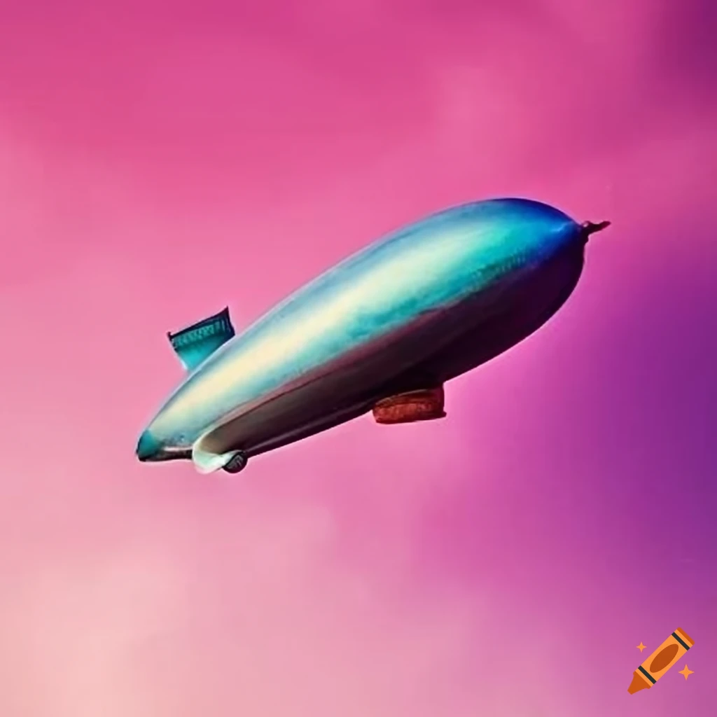 Metal blimp flying over pink clouds on Craiyon