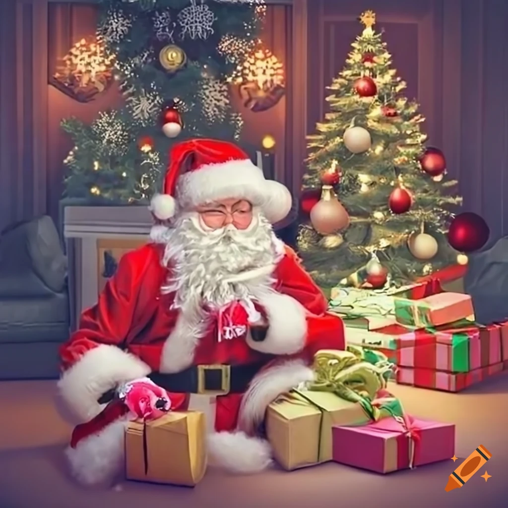 Santa claus placing gifts under a decorated christmas tree