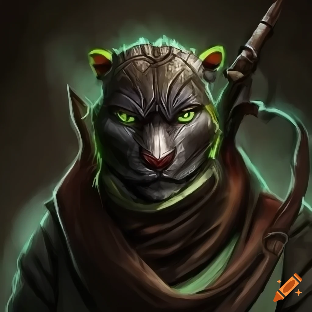 Illustration of a black tabaxi ranger with green eyes