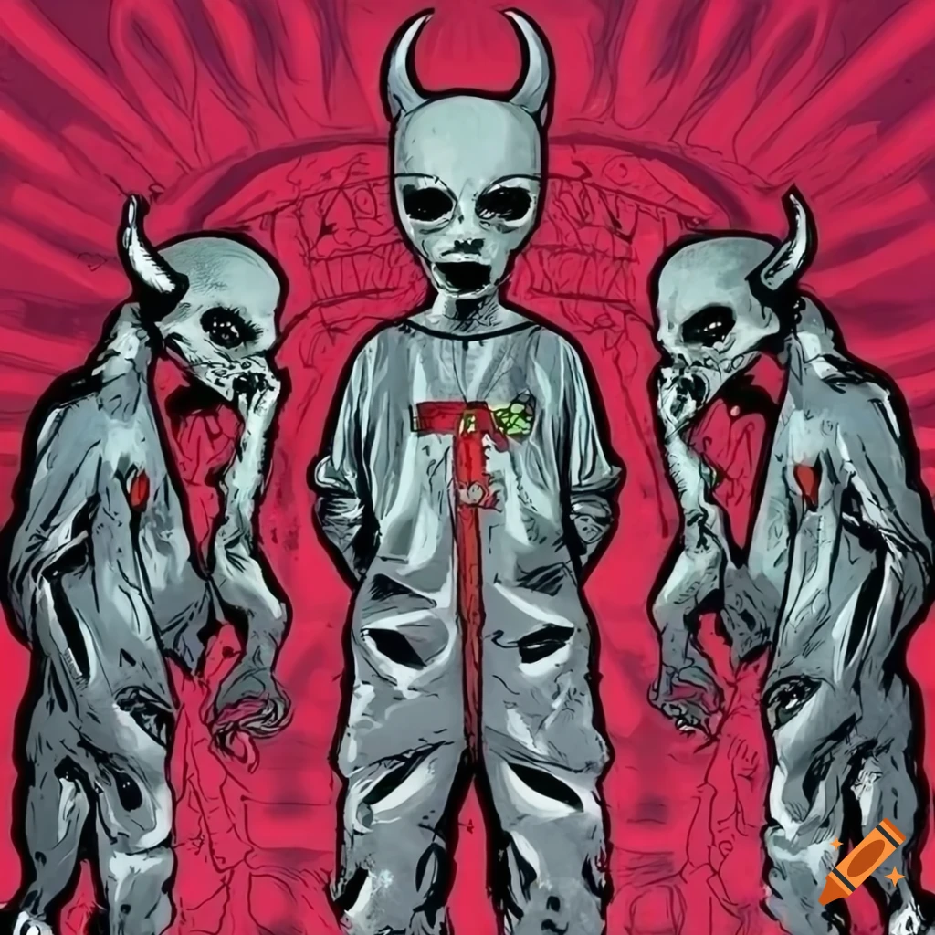 Edgy comic illustration of alien devil hybrids in alley on Craiyon