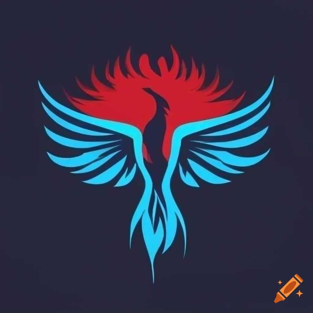Minimalistic logo of a blue and red phoenix on Craiyon
