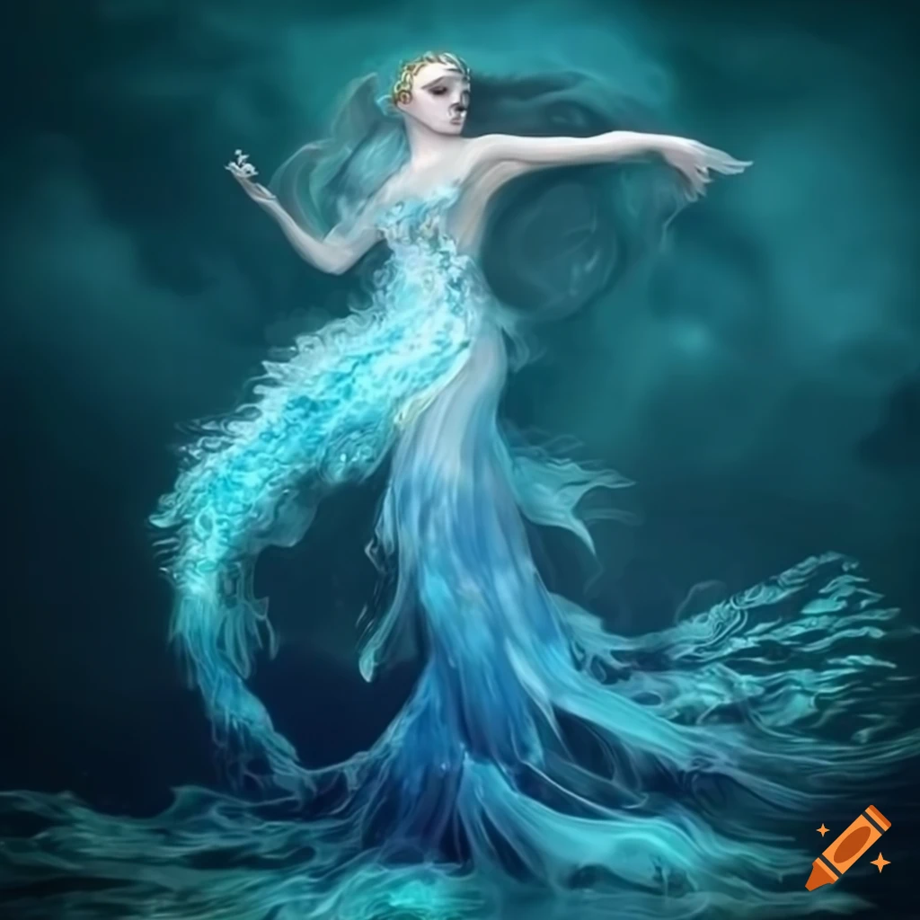 Art of a water elemental with cascading waterfall dress on Craiyon