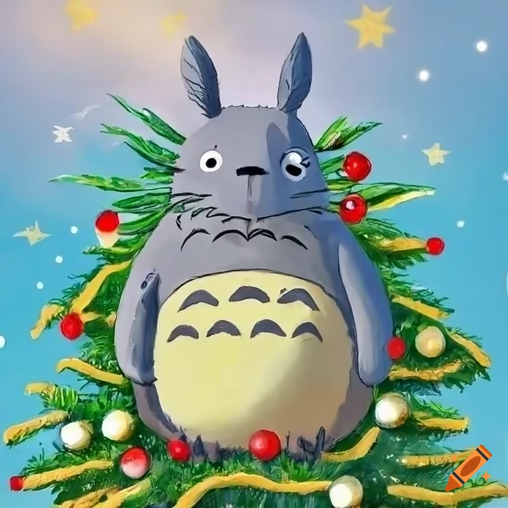 Detailed painting of totoro decorating a christmas tree on Craiyon
