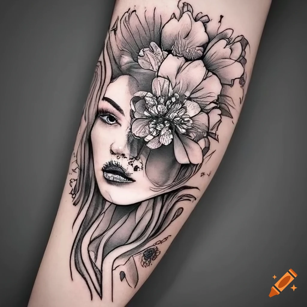 Vibrant arm tattoo of a woman with flower explosion on Craiyon