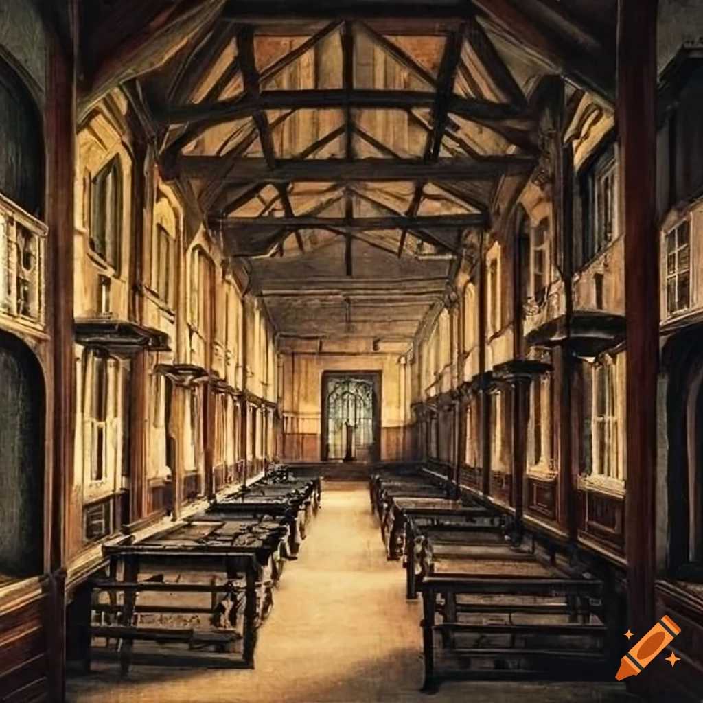 18th century english long hall with multiple looms and workers