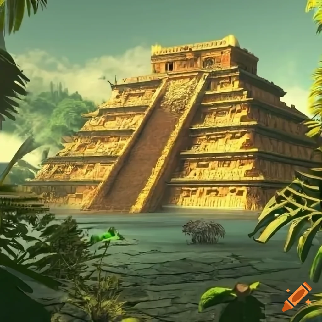 3D rendering of a golden Aztec temple in a tropical forest on Craiyon