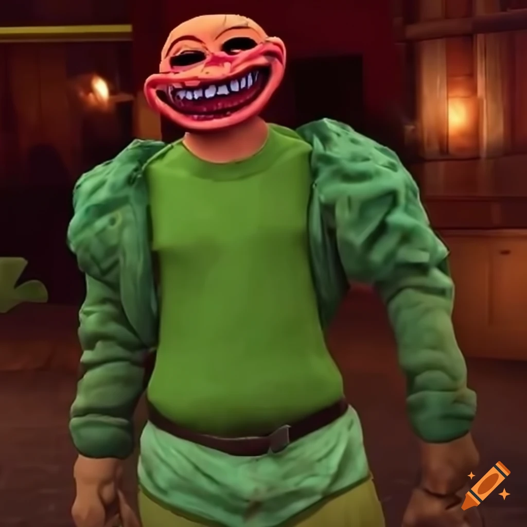 Green-clad branded brawler with a troll face smile
