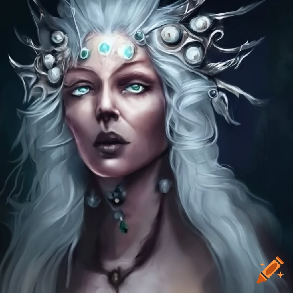Artwork of a silver-haired shaman goddess on Craiyon