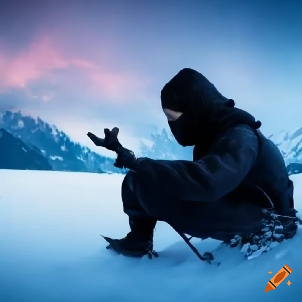 Ninja blending into snowy mountains