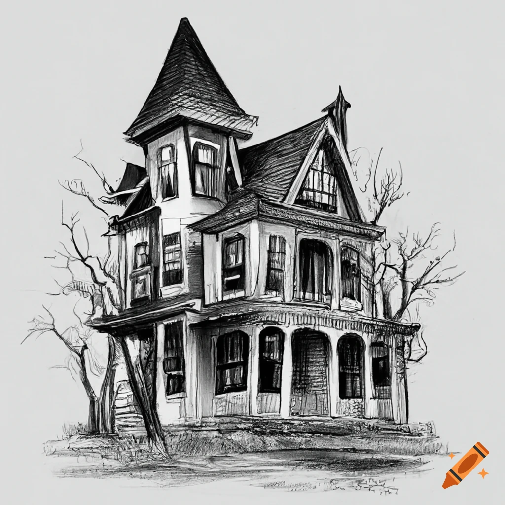 Black and white drawing of a haunted house in daylight on Craiyon