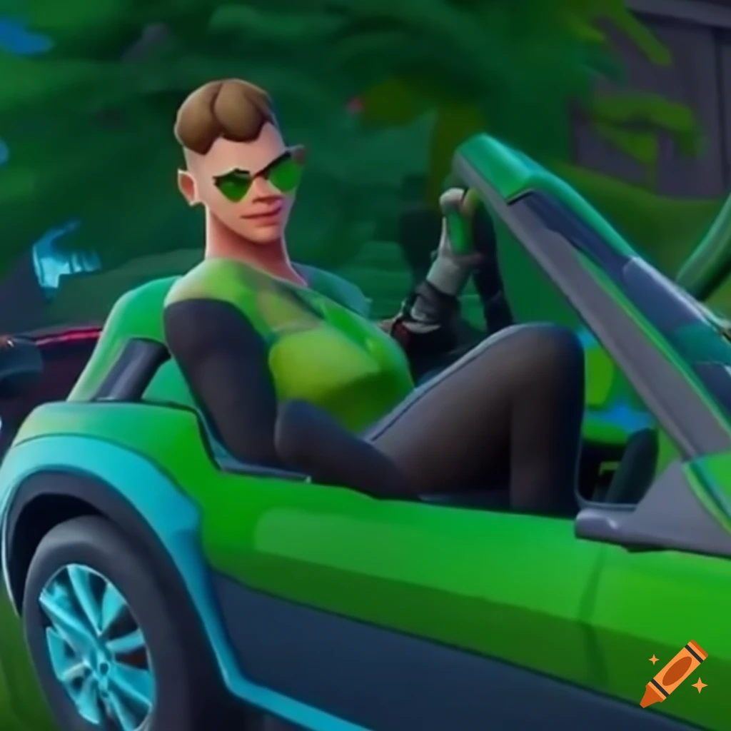 Green branded brawler from fortnite laughing in a car