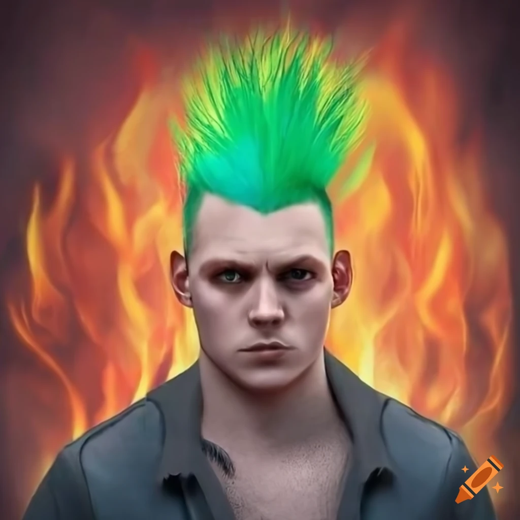 Man with green hair mohawk in front of fire
