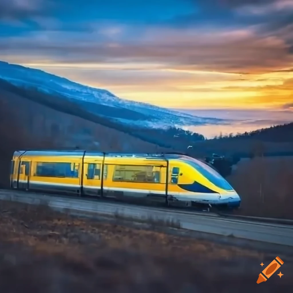 Yellow and blue eurostar siemens e320 train in a large landscape