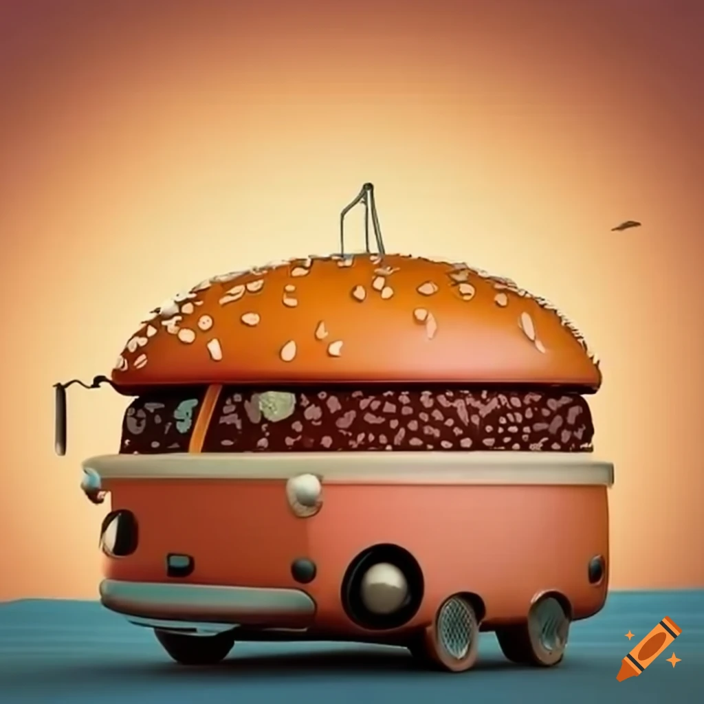 Burger-shaped camper van on the road