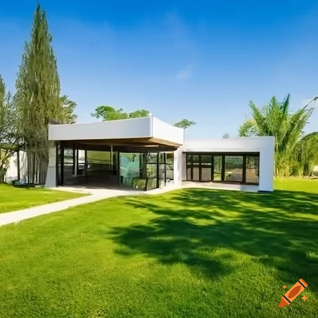 Modern horse ranch with white horses in a fenced pasture on Craiyon