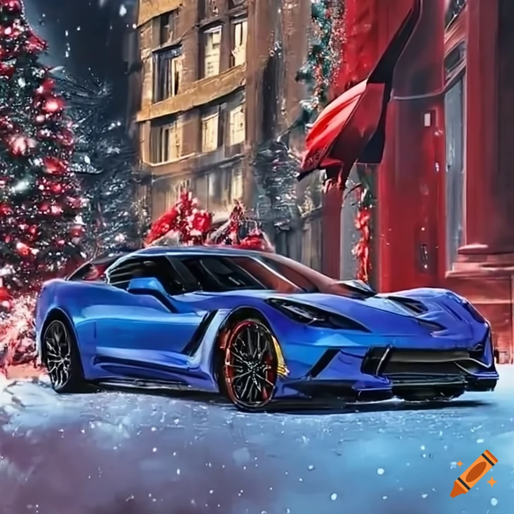 Blue corvette in chicago during christmas on Craiyon