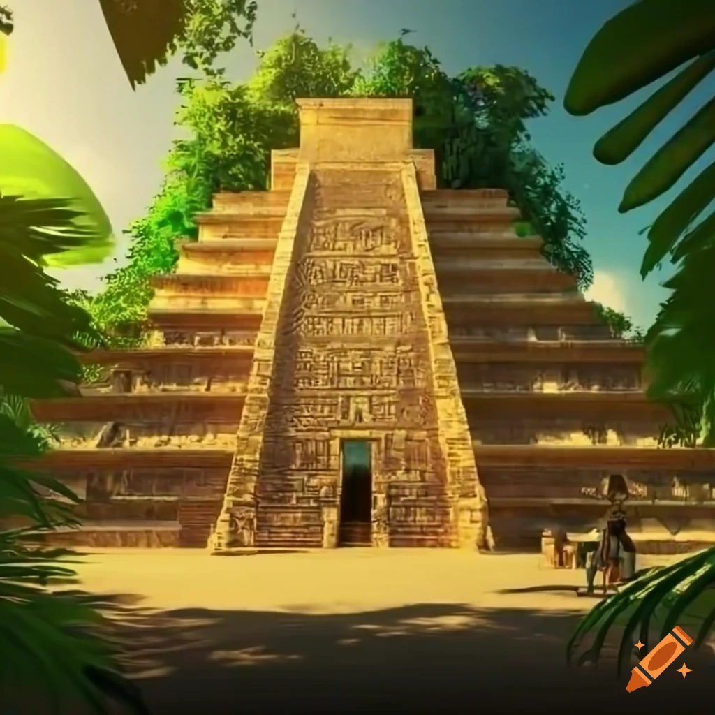 3d rendering of a golden aztec temple in a tropical forest