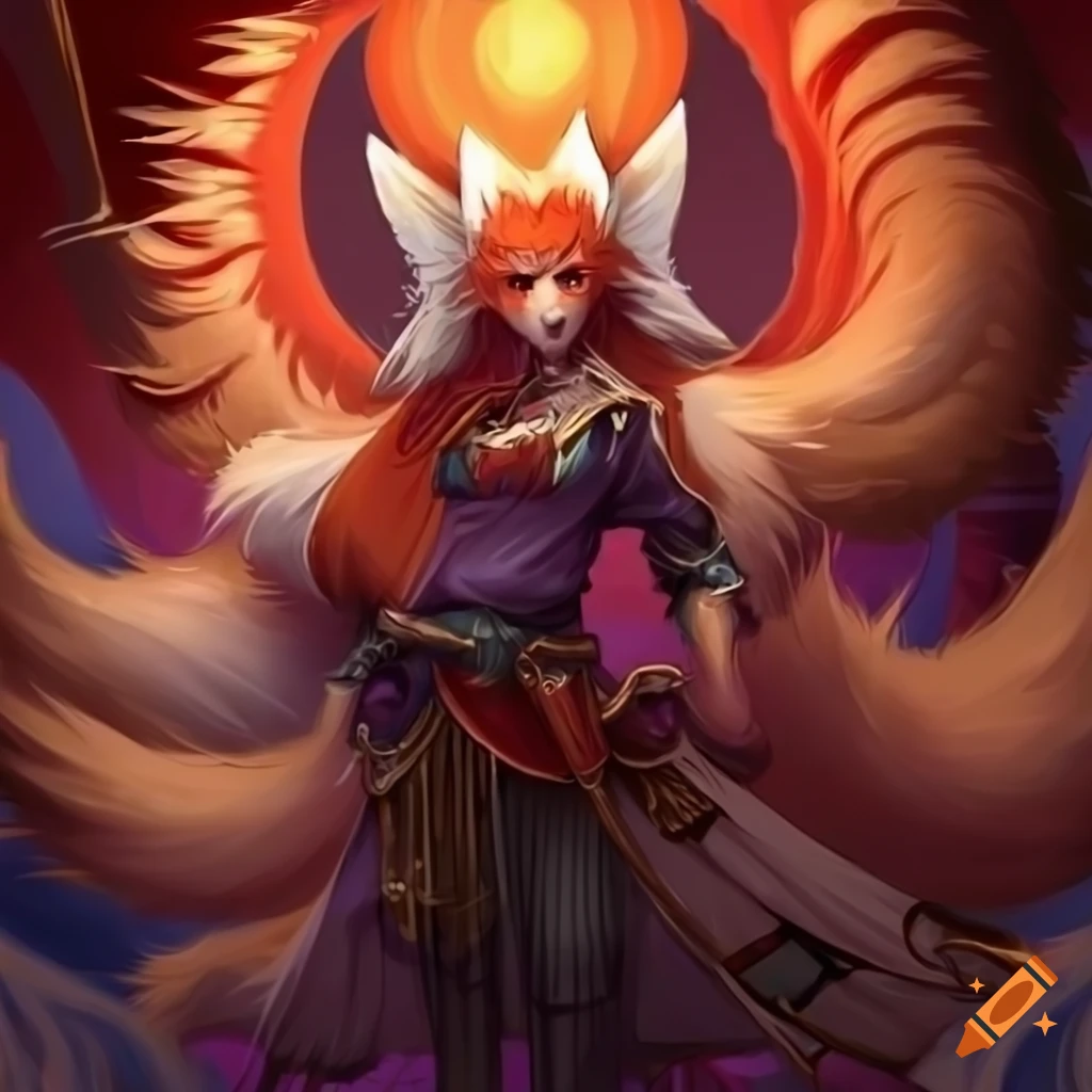 Art of a majestic kitsune bard with a banner