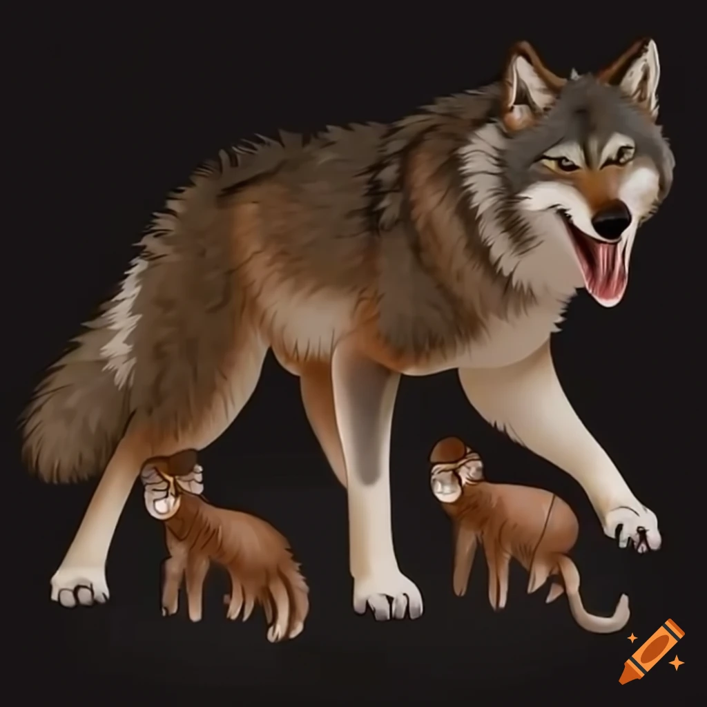 Image of a protective female wolf with her baby