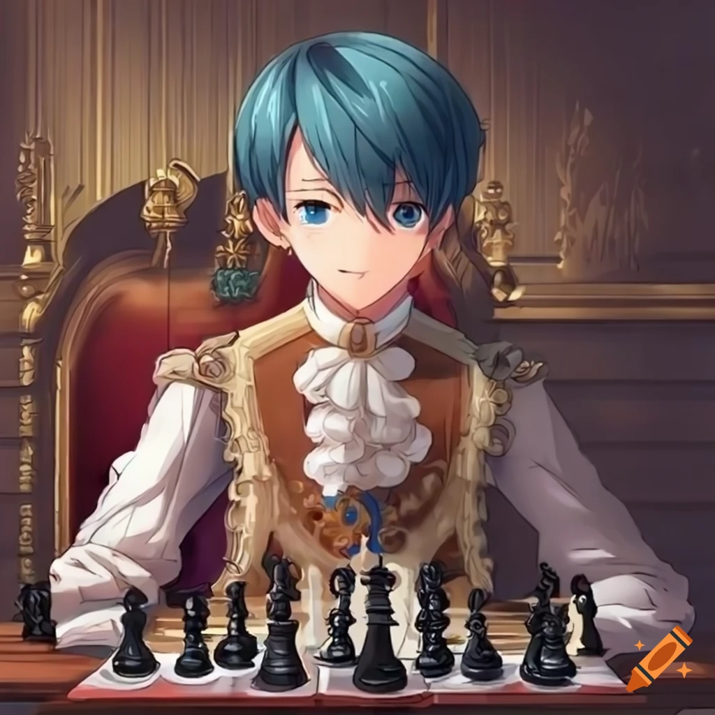 Anime boy playing chess in a luxurious hotel on Craiyon