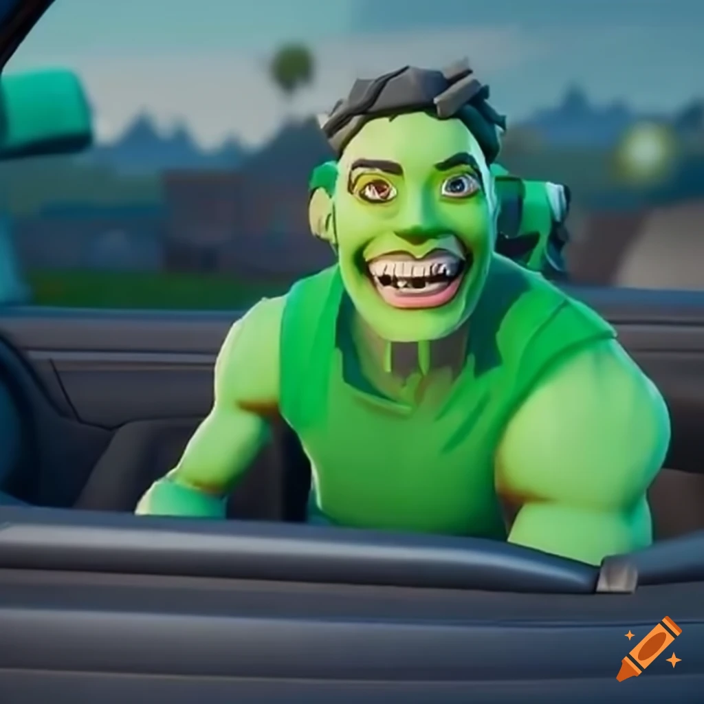 Smiling branded brawler from fortnite in car on Craiyon