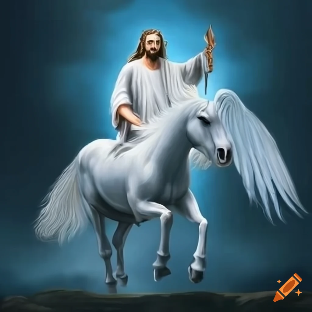 Artwork of jesus riding a white pegasus