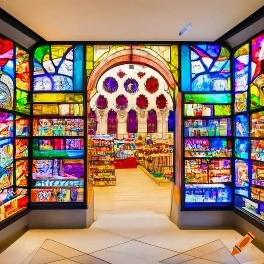 Castle-shaped convenience store with stained glass windows on Craiyon