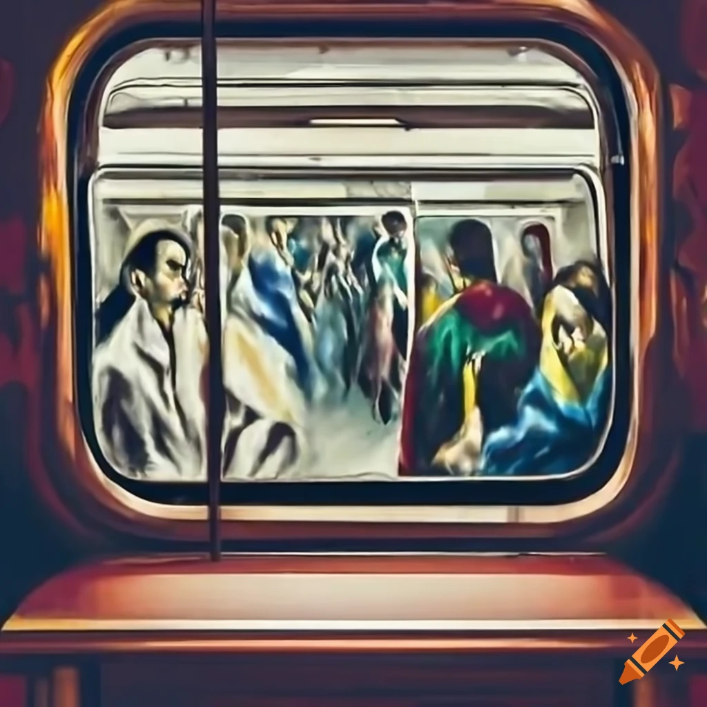 Artistic depiction of london metro train and passengers