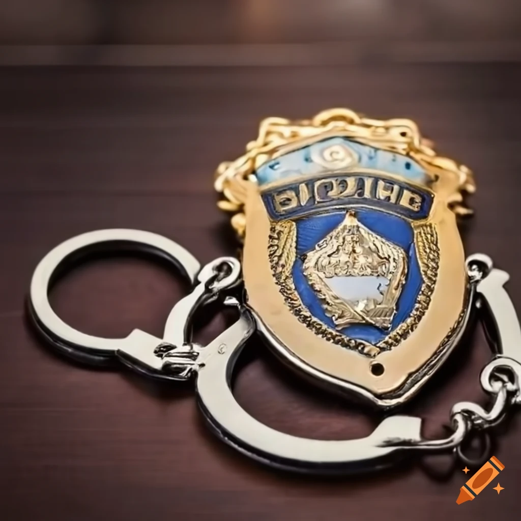 Police badge and handcuffs on a desk