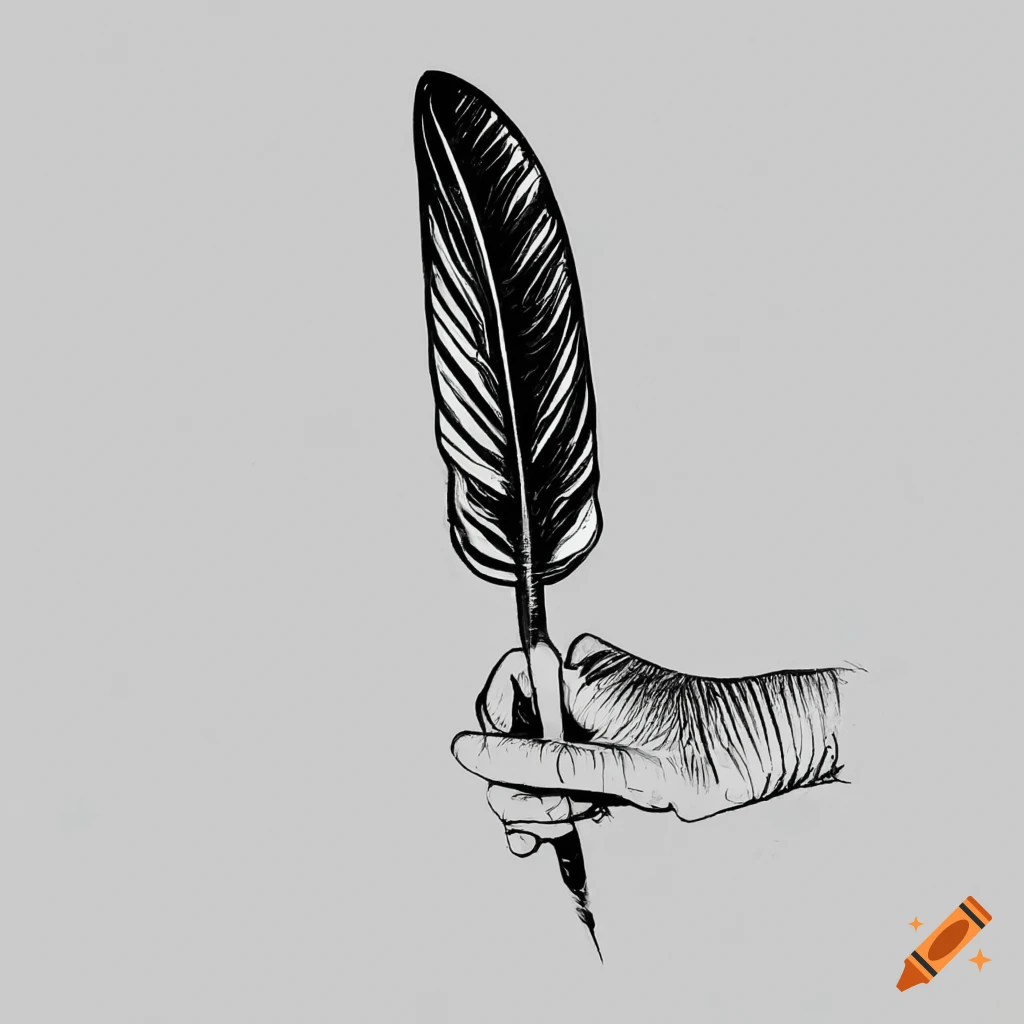 Black and white outline drawing of a hand writing with a quill