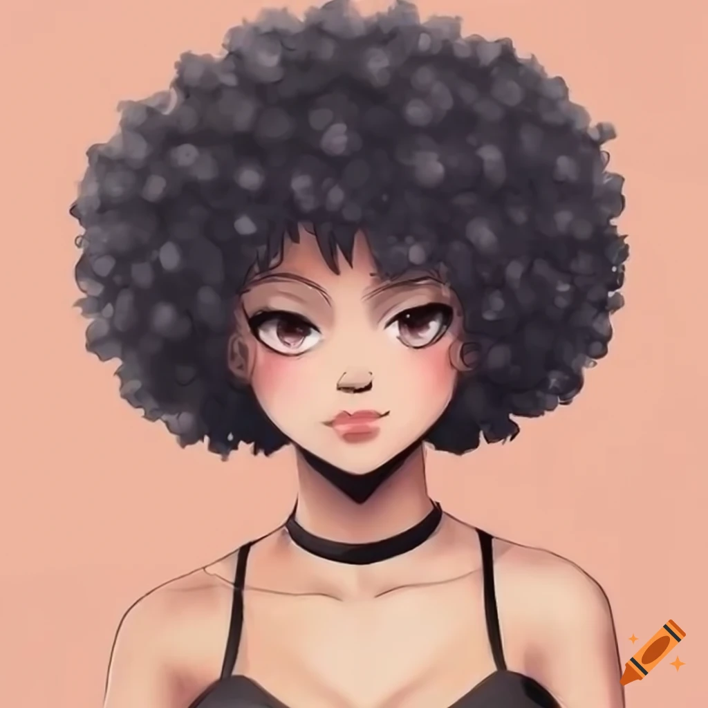 Anime-style female with a short afro on Craiyon