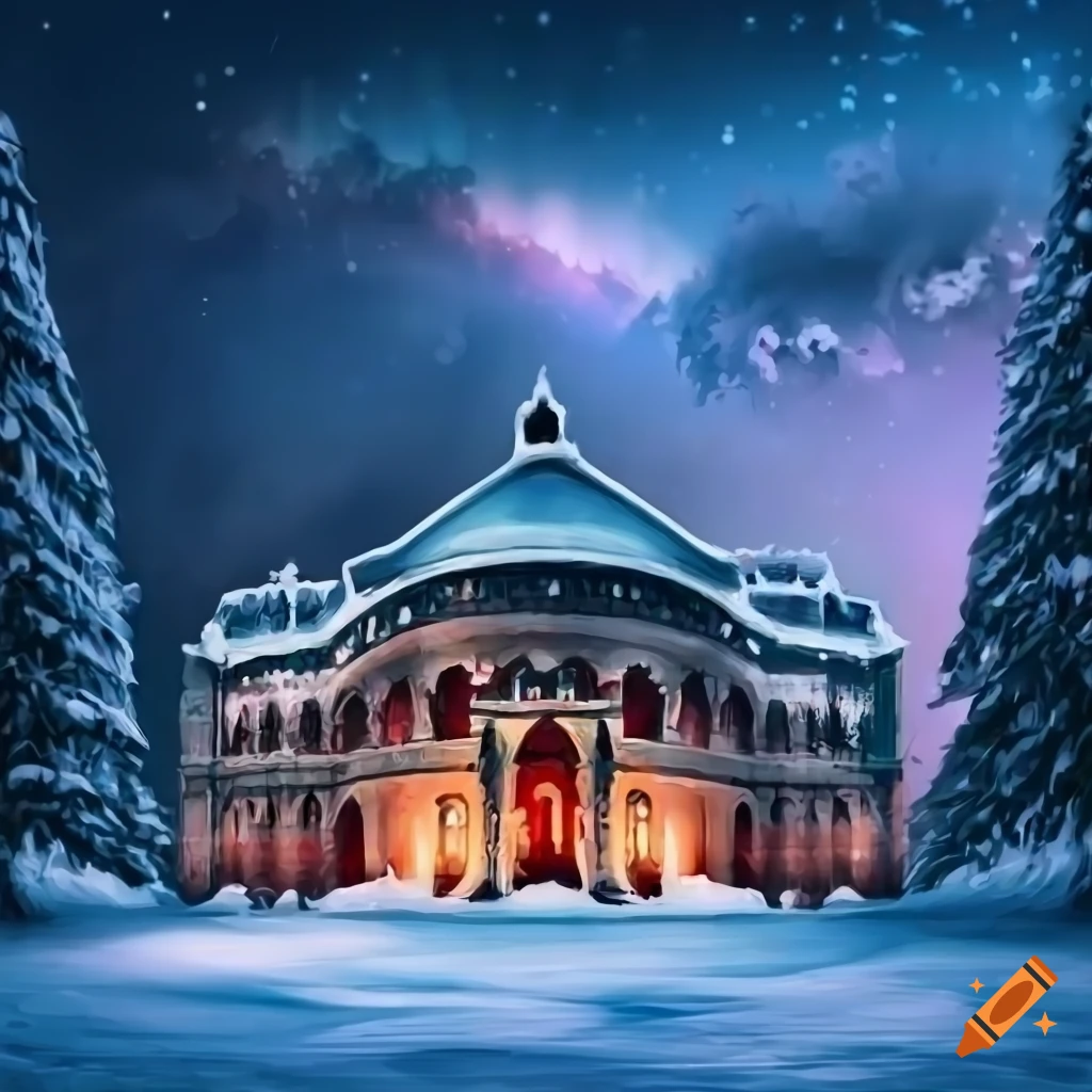 Mystical opera house in a snowy background on Craiyon