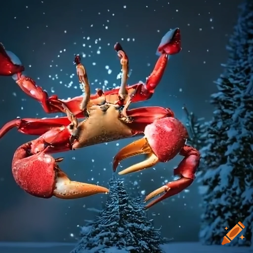 Santa claus riding a giant crab in the snow