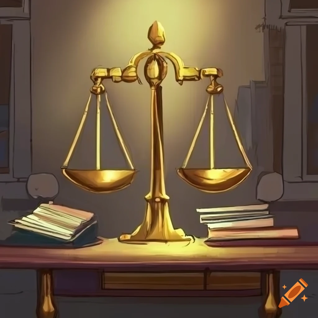 Golden scale on a desk surrounded by books