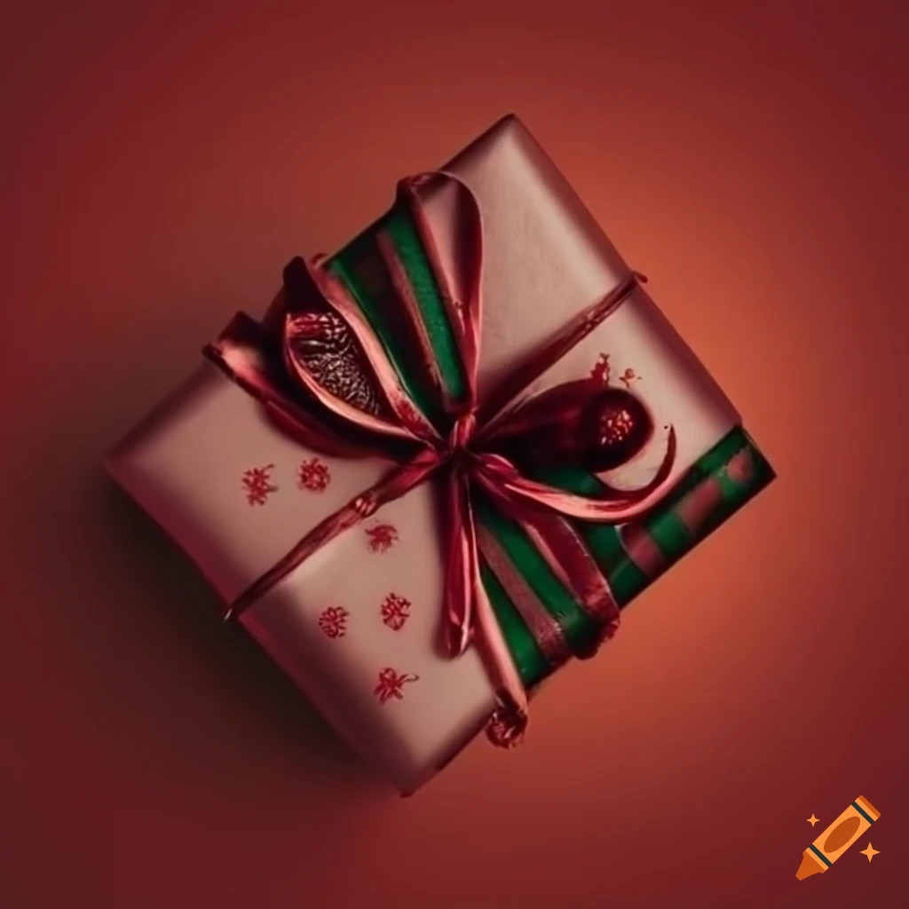 Intricate overhead view of a wrapped christmas gift