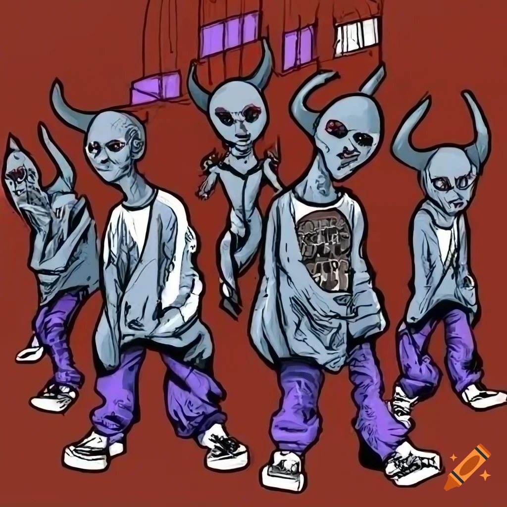 Comic illustration of grey alien devil hybrids in an alley