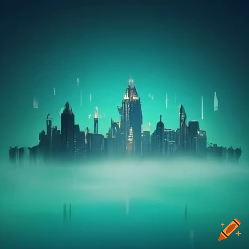 Floating city with ethereal green mist
