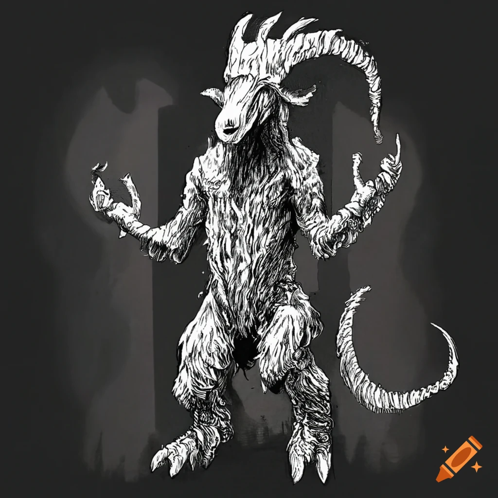 Detailed etching of a flaming goat monster in a city on Craiyon