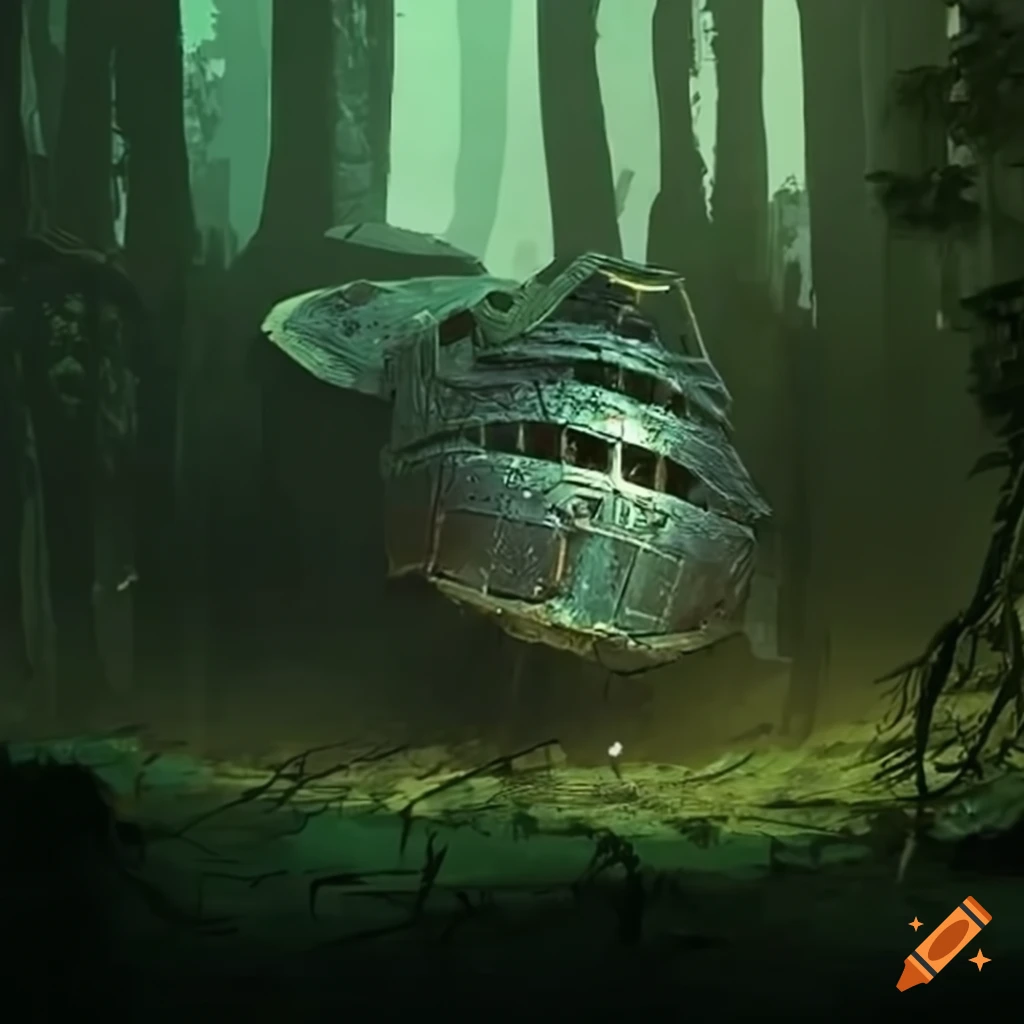 Sci-fi crashed spaceship in a forest on Craiyon