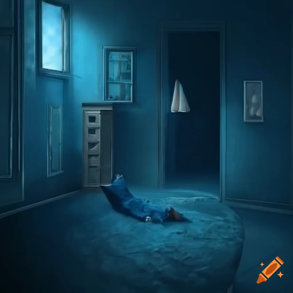 Blue room with a man standing alone
