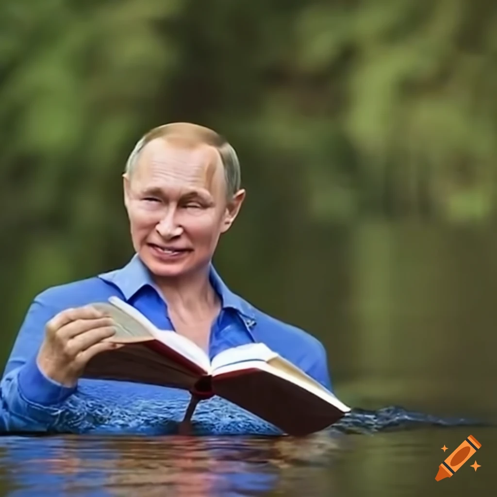 Satirical image of Vladimir Putin reading in a river on Craiyon
