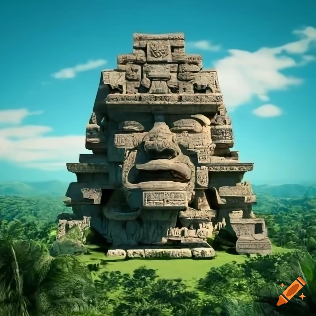 3d rendering of a giant aztec stone head in the jungle on Craiyon