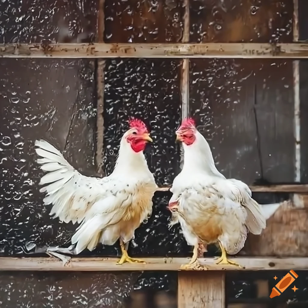 Chickens flapping their wings in a sunny barn on Craiyon